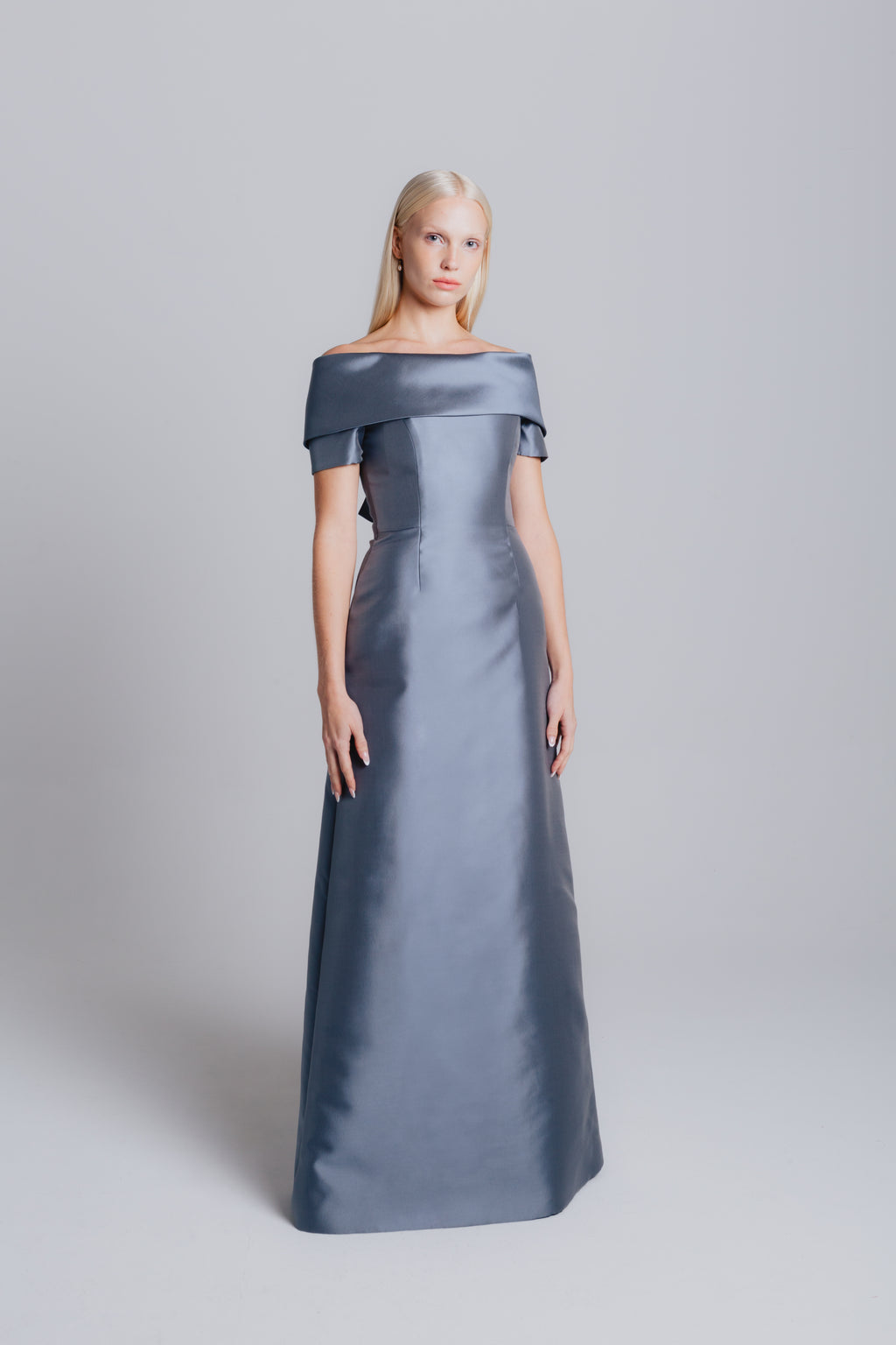 Off Shoulder Roll Collar Tie Back Gown – Catherine Regehr