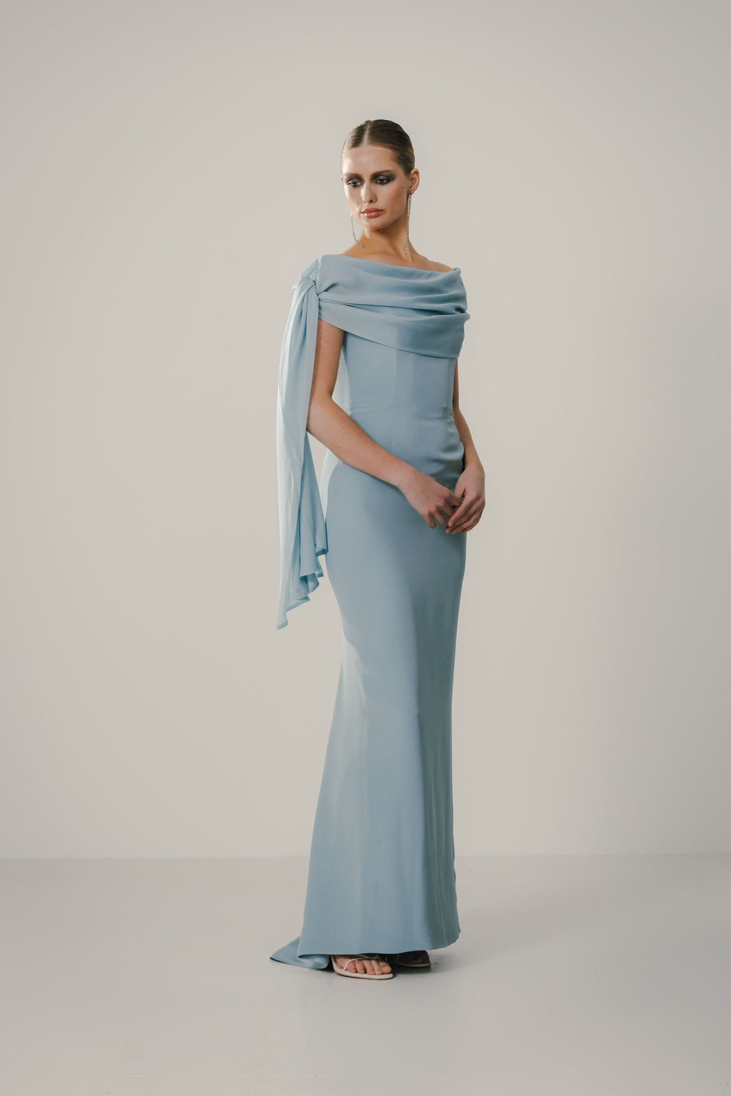 Off Shoulder Draped Tie Sheath – Catherine Regehr
